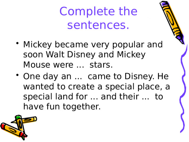 Презентация к уроку про Уолта Диснея с заданиями